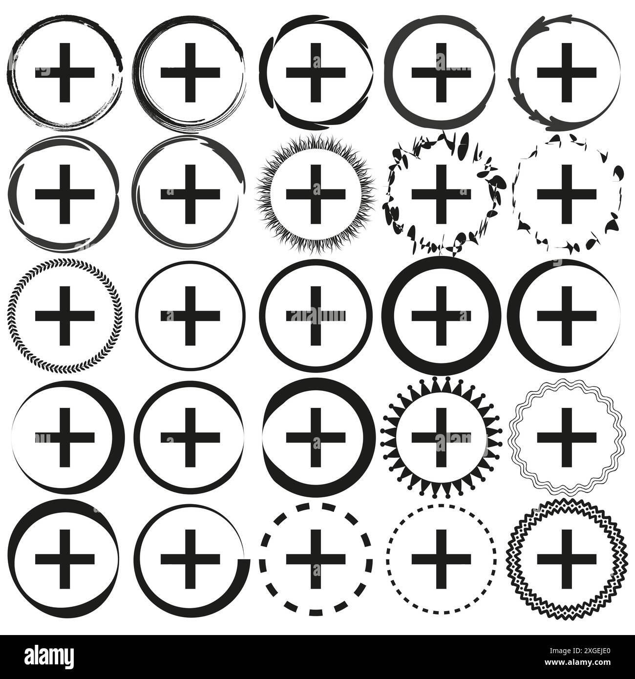 Plus sign icons. Circular frame designs. Varied black outlines. Vector ...