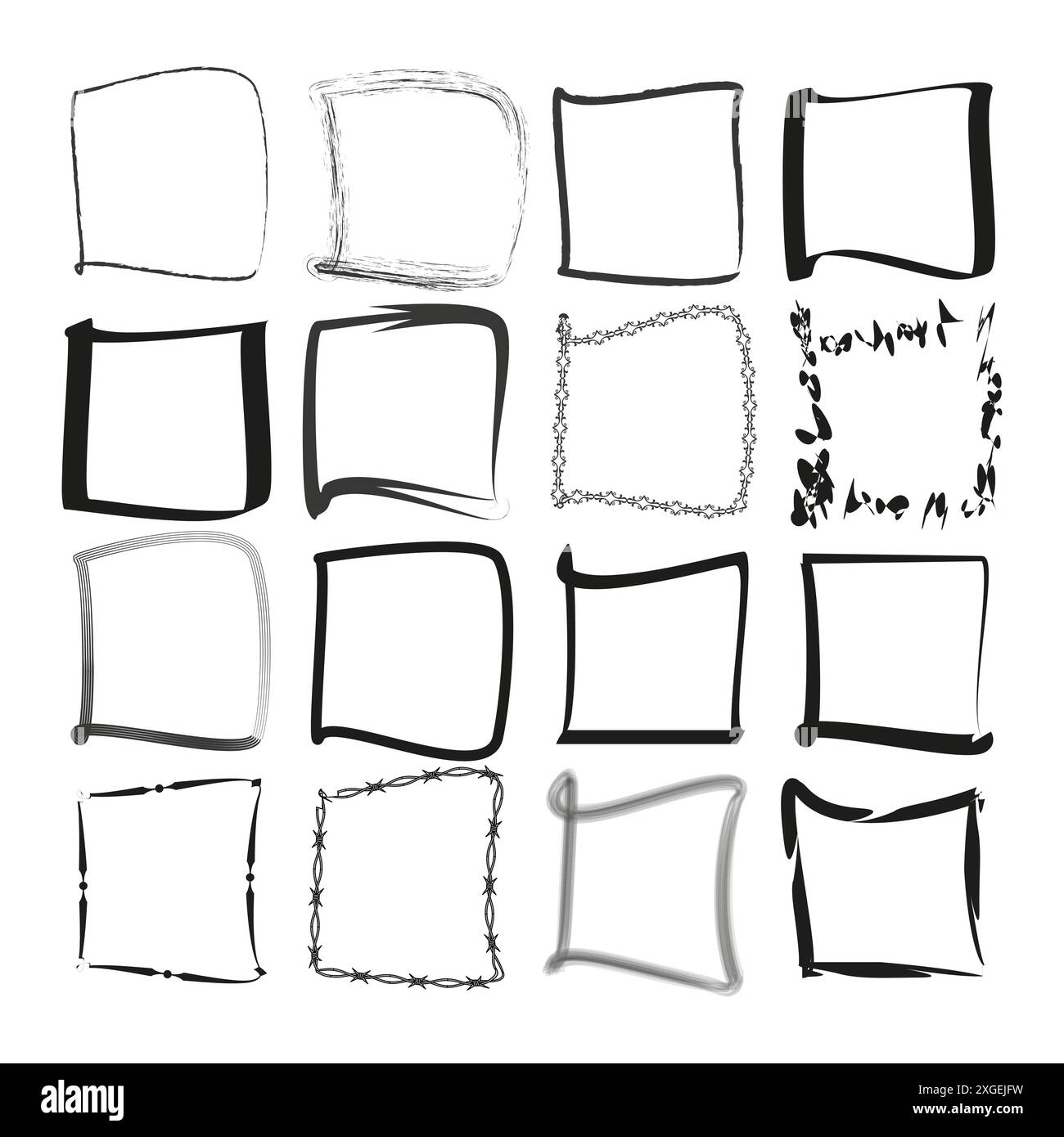 Square frame set. Hand drawn black lines. Irregular geometric shapes. Vector illustration Stock ...
