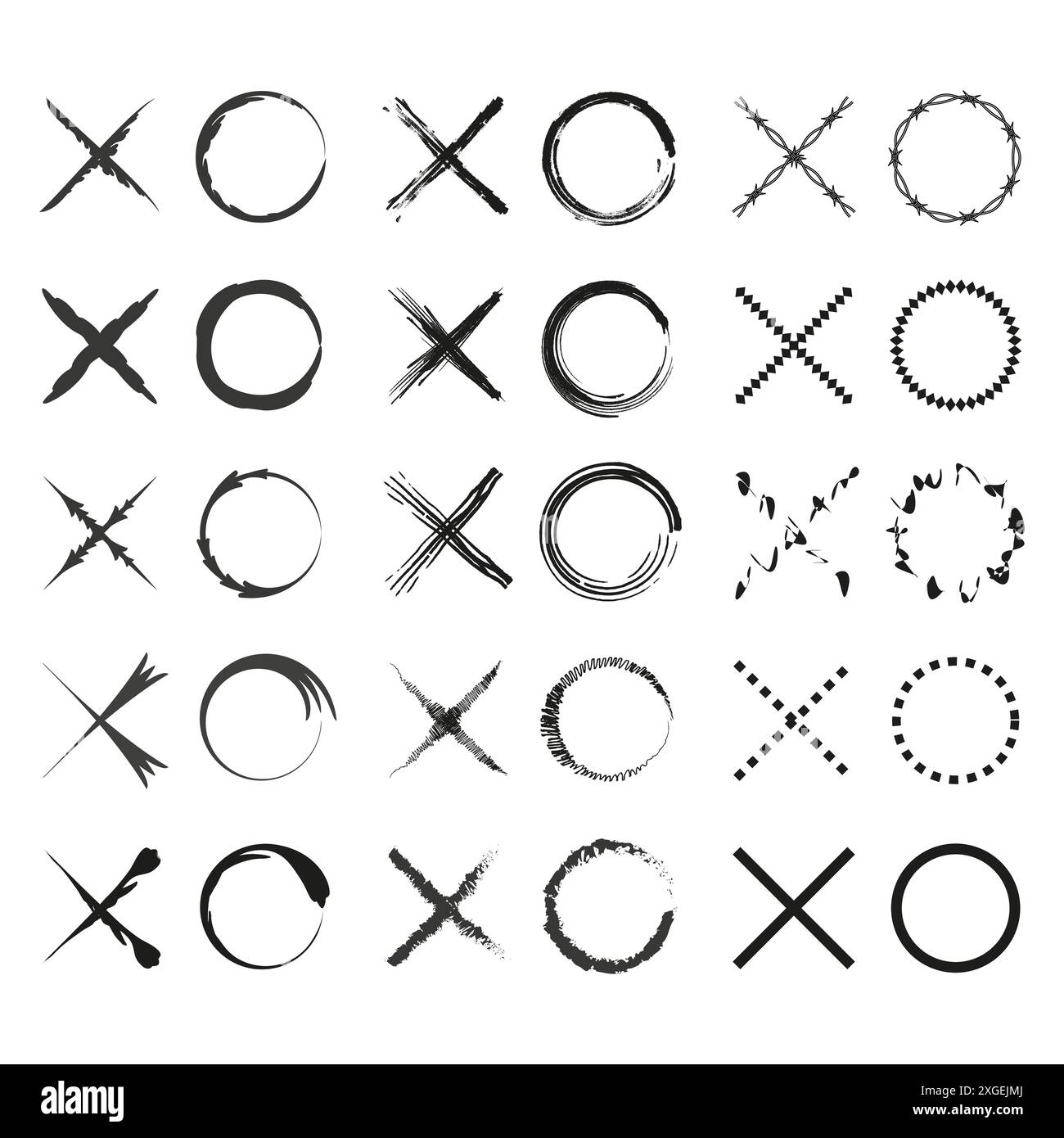 X and O icons. Diverse circular patterns. Black brush strokes. Vector ...