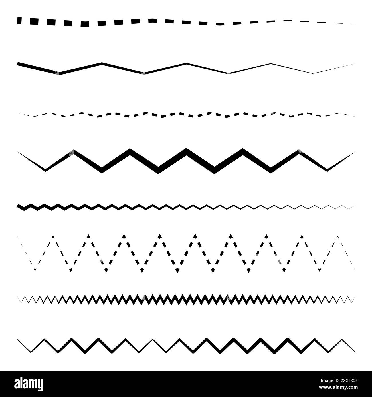 Various line patterns. Zigzag and dashed styles. Black bold strokes ...