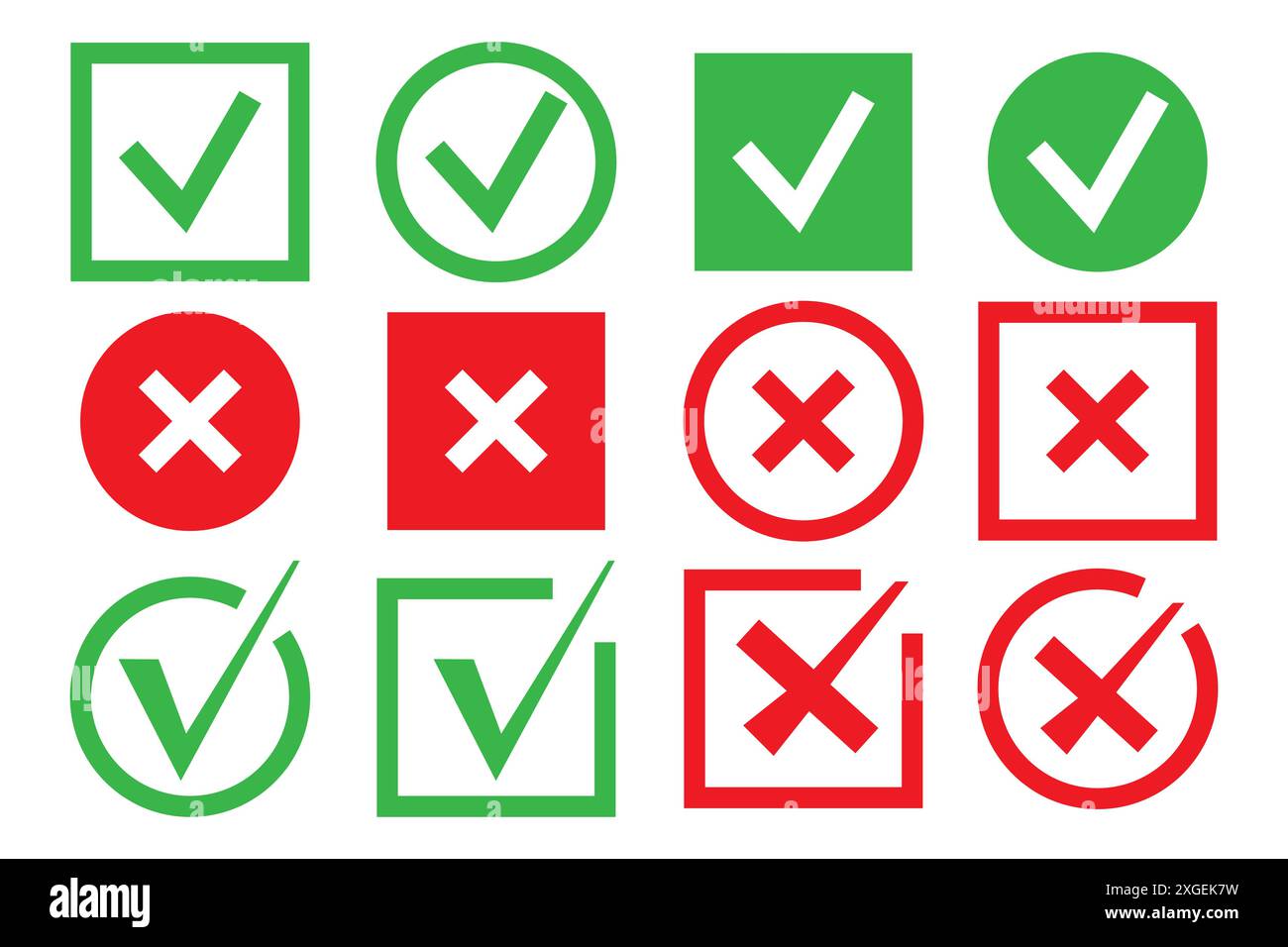 Checkmark and cross icons. Green and red symbols. Various shapes vector. Approval and rejection ...