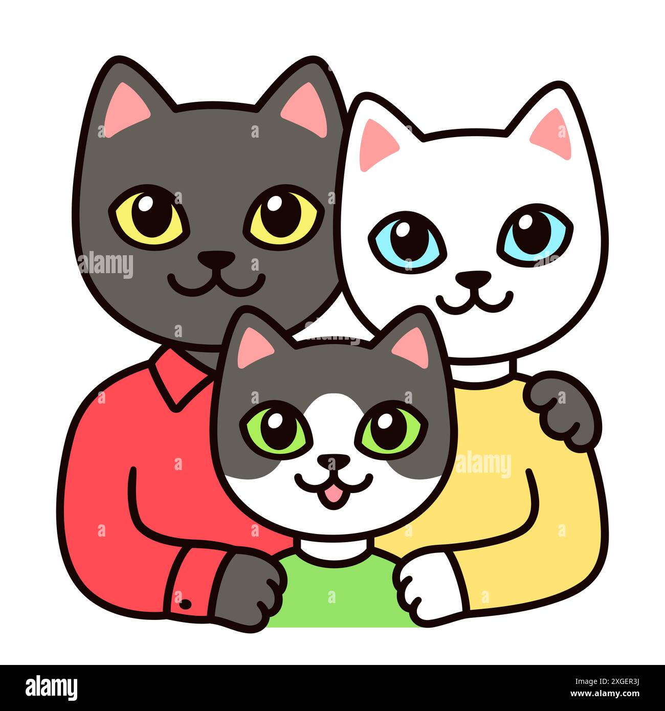 Cute cartoon cat family portrait drawing. Black dad, white mom and ...