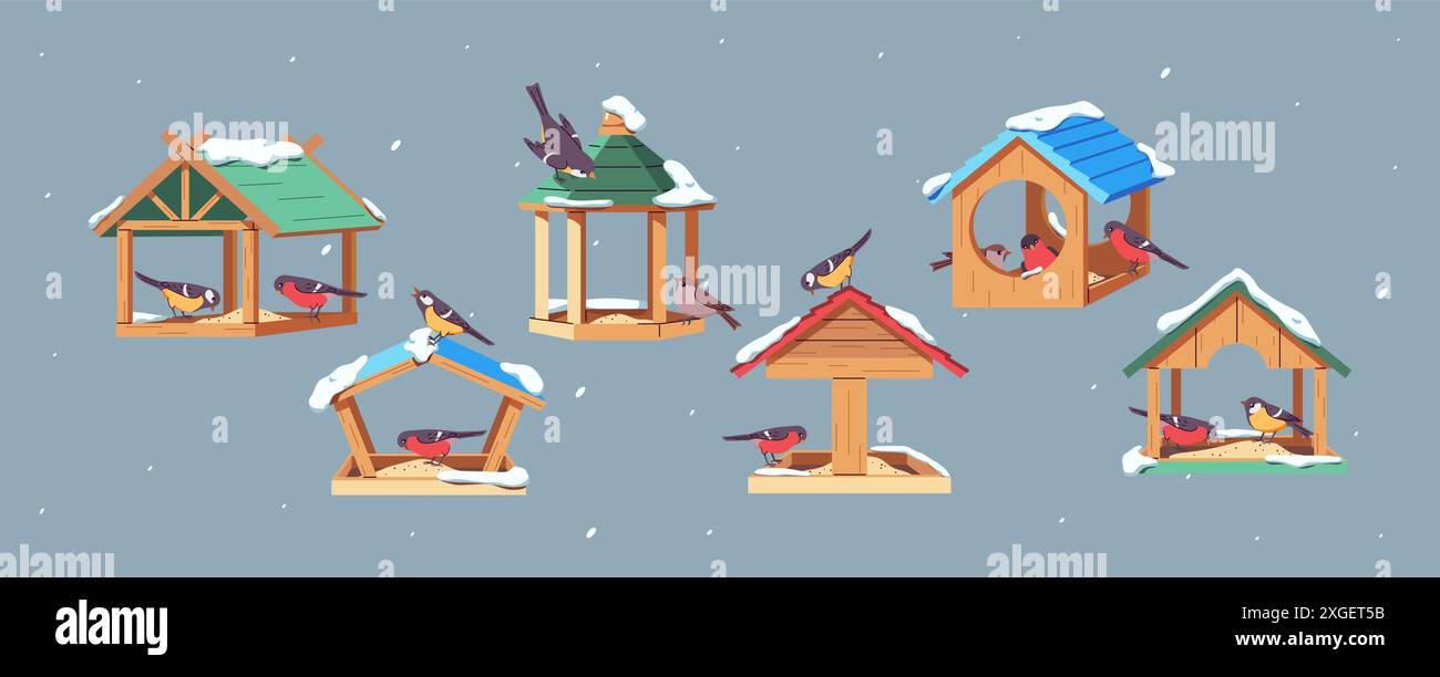 Birdfeeders with avian guests under snowfall 2D cartoon objects set ...