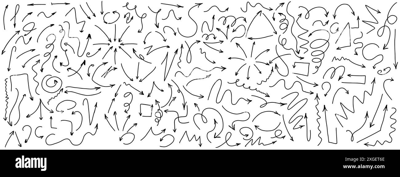 Arrows 2d line doodle vector icons set on white background. Different ...