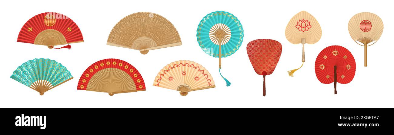 Traditional Asian fans realistic vector illustration set. Chinese ...