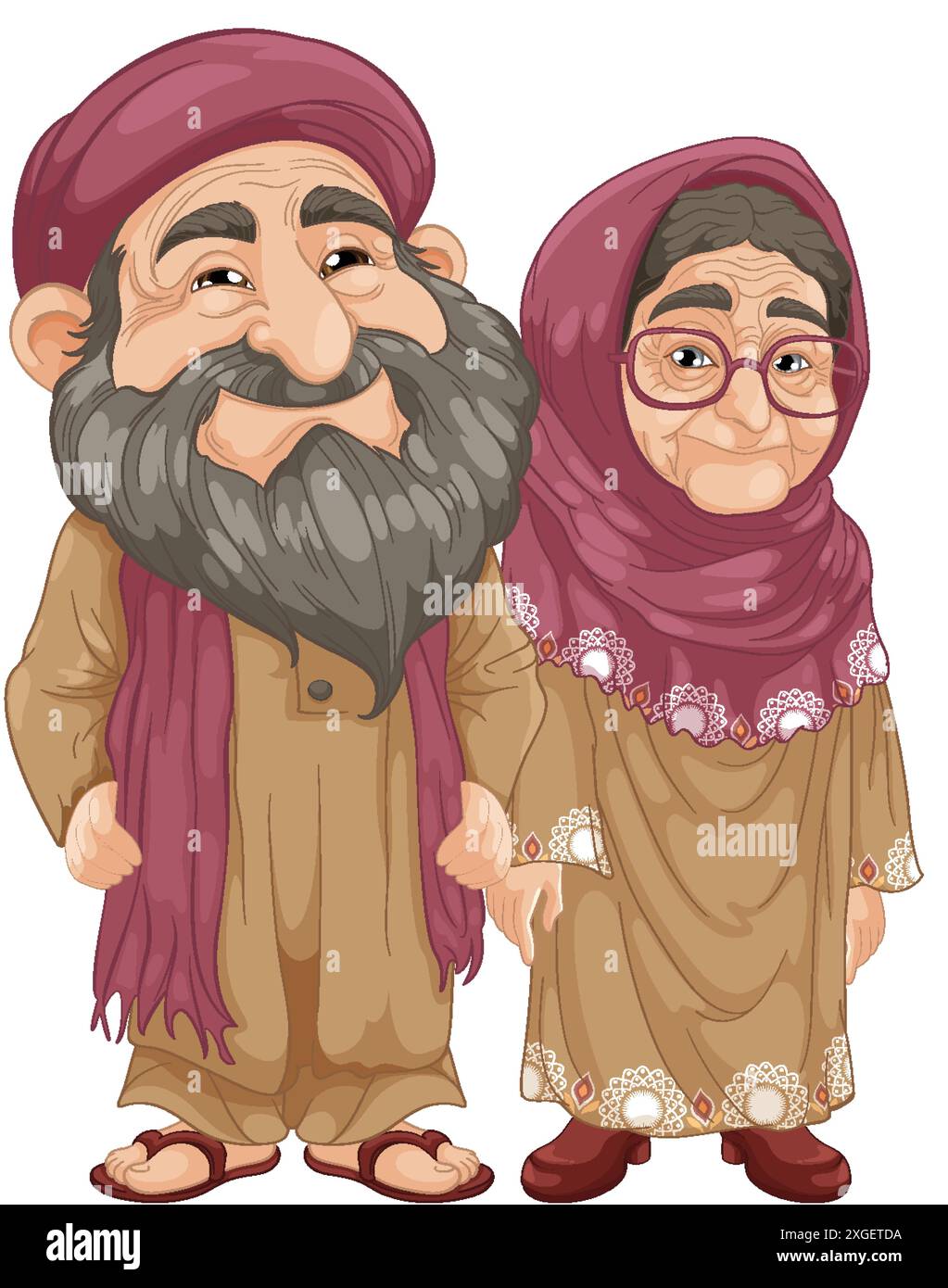 Smiling elderly couple wearing traditional clothing and accessories ...