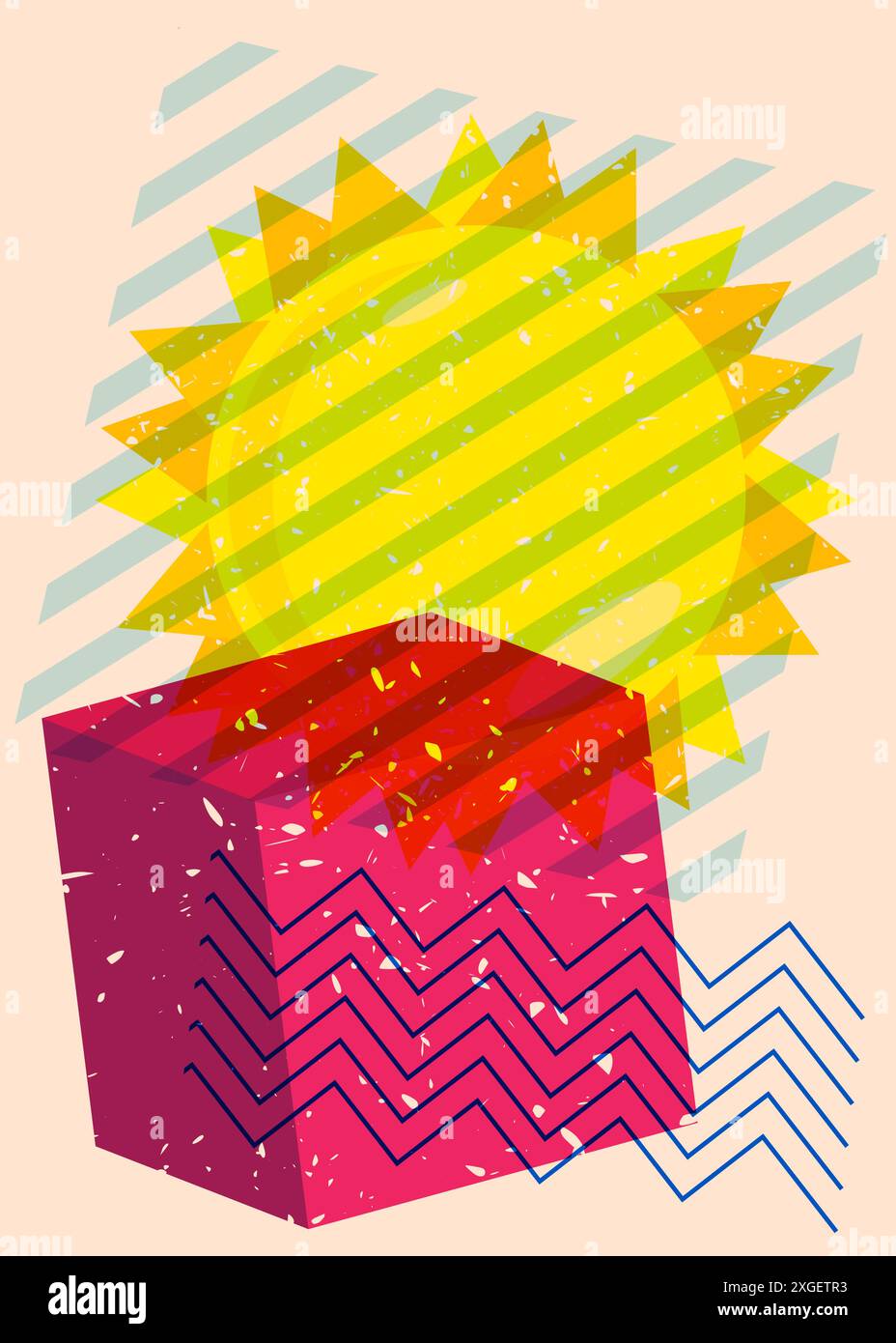 Risograph Summer Sun with geometric shapes. Objects in trendy riso ...