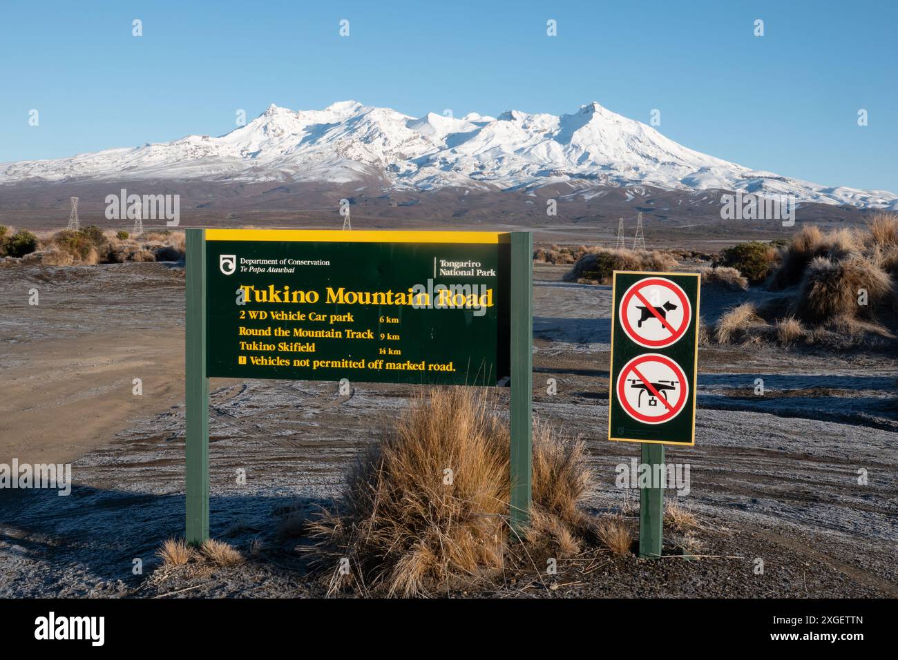 Department of conservation signs in front of Mount Ruapehu, New Zealand ...