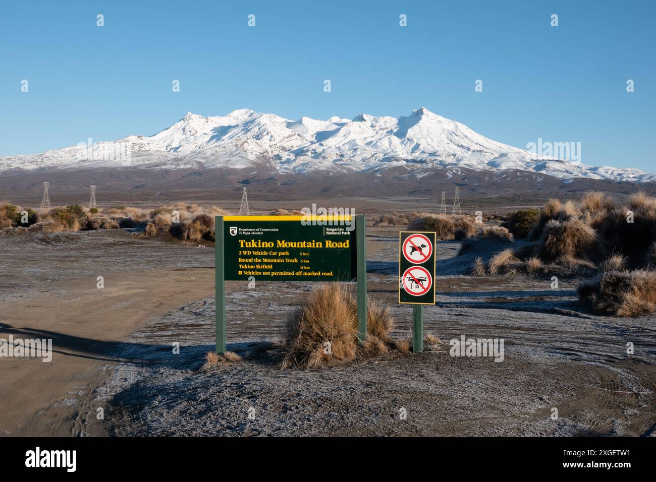 Department of conservation signs in front of Mount Ruapehu, New Zealand ...