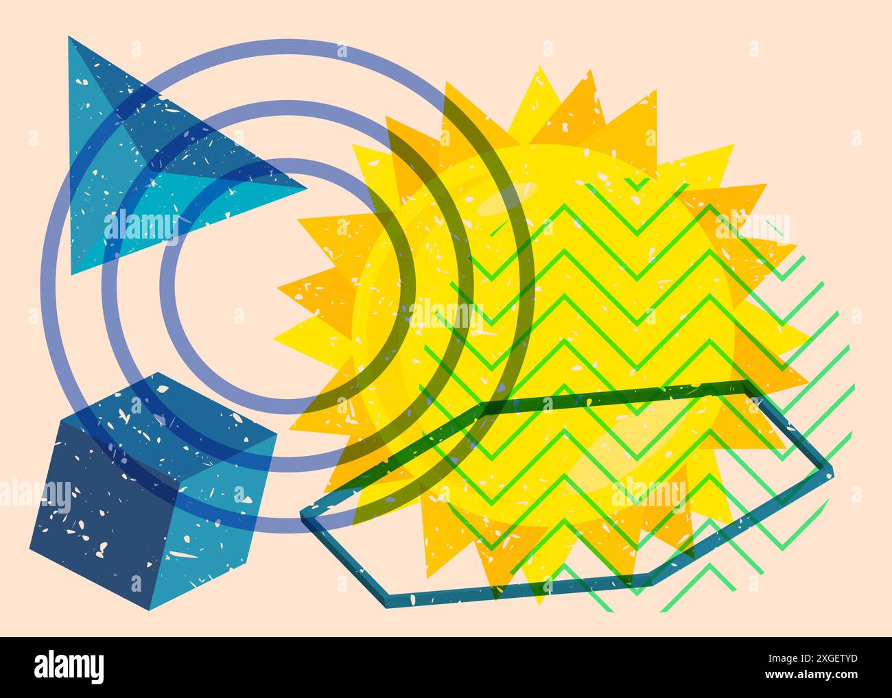 Risograph Summer Sun with geometric shapes. Objects in trendy riso ...