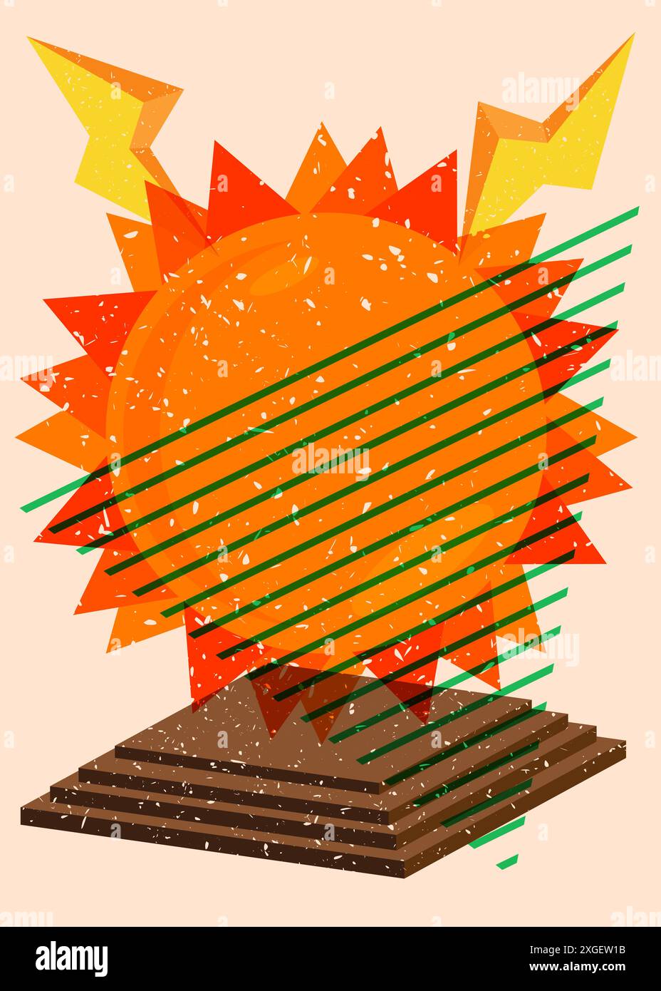 Risograph Summer Sun with geometric shapes. Objects in trendy riso ...