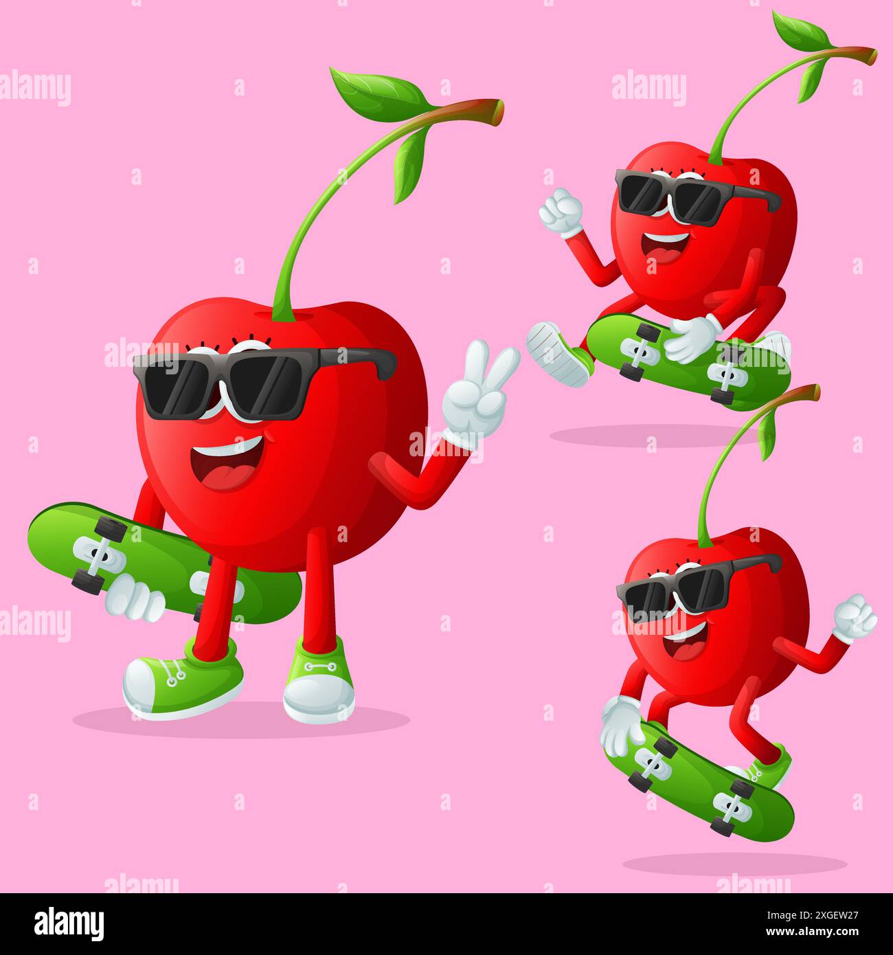 Set of cute cherry characters skateboarding. Perfect for kids ...