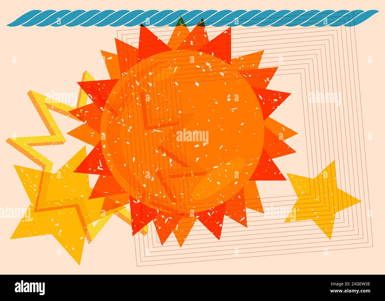 Risograph Summer Sun with geometric shapes. Objects in trendy riso ...