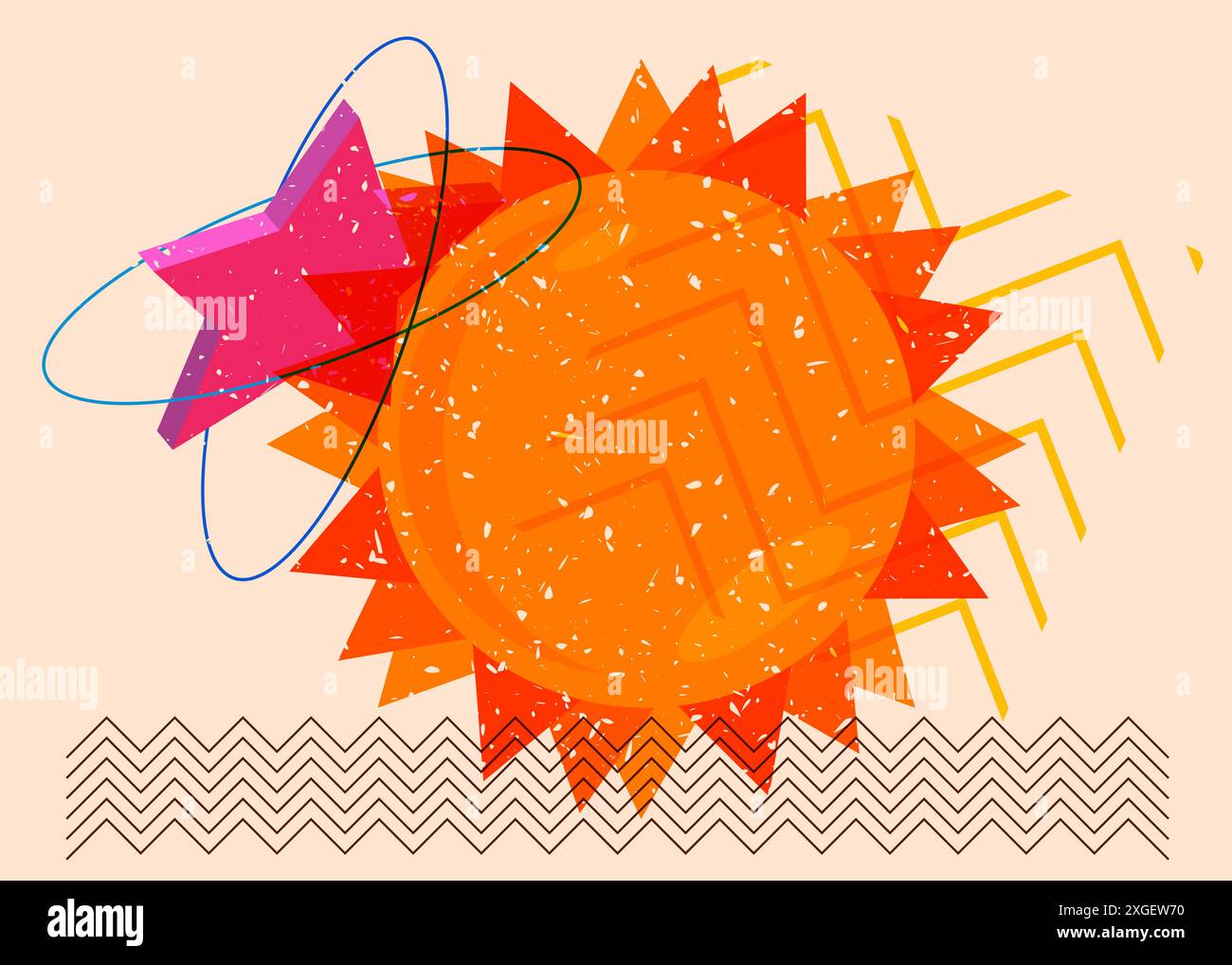 Risograph Summer Sun with geometric shapes. Objects in trendy riso ...