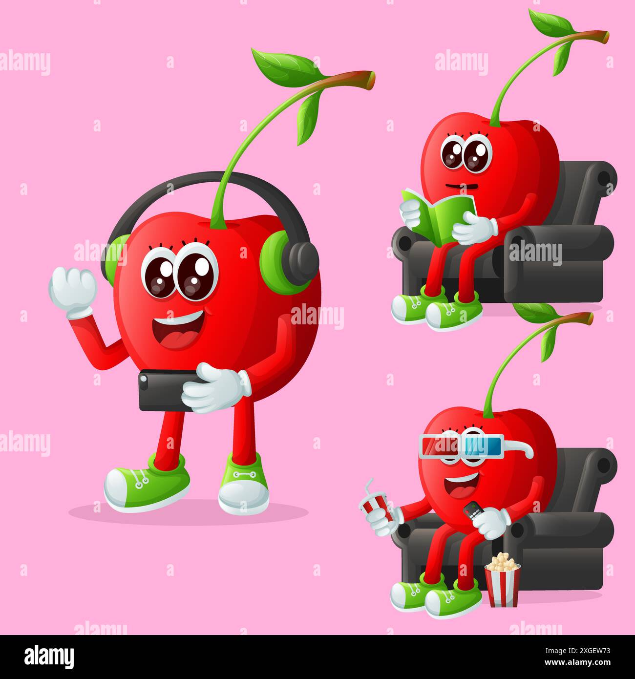 Set of cute cherry characters enjoying leisure activities. Perfect for ...