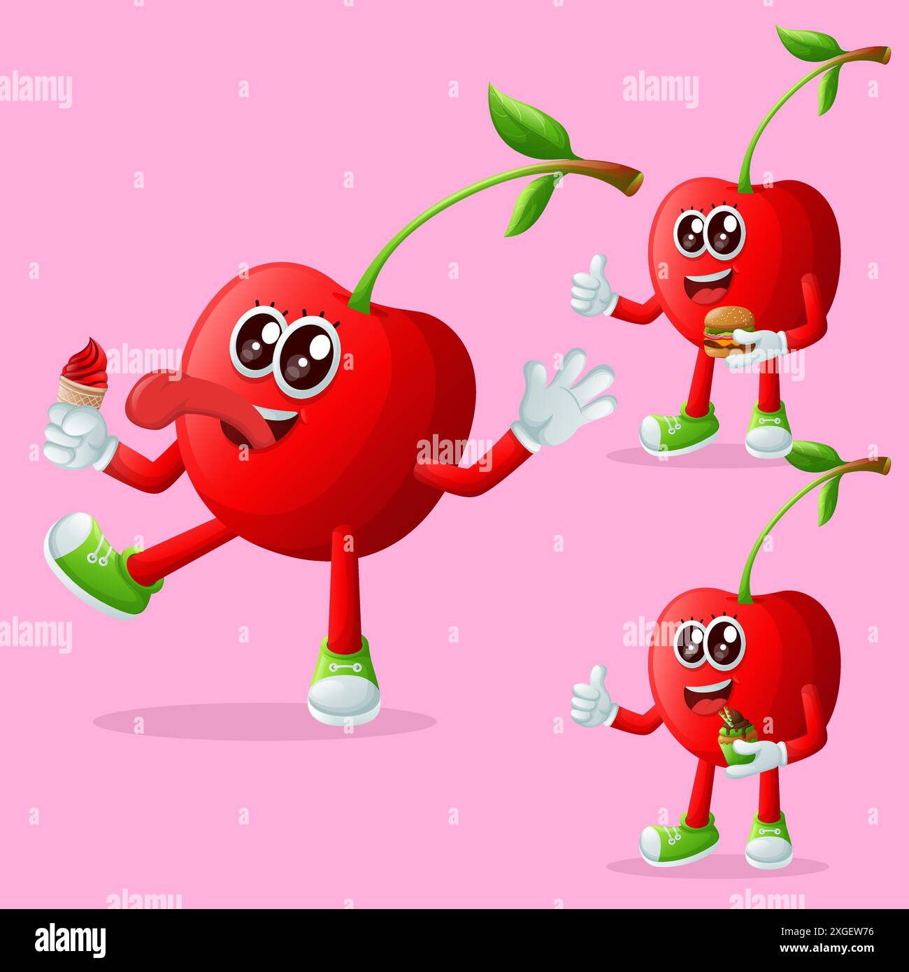Set of cute cherry characters enjoying food. Perfect for kids ...