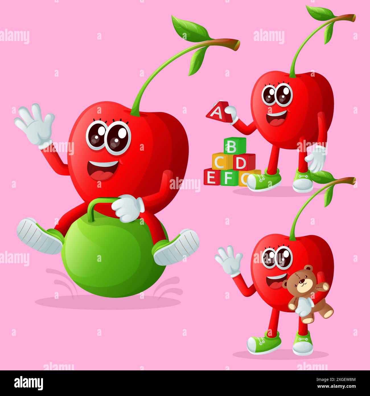 Set of cute cherry characters playing with kid toys. Perfect for kids ...
