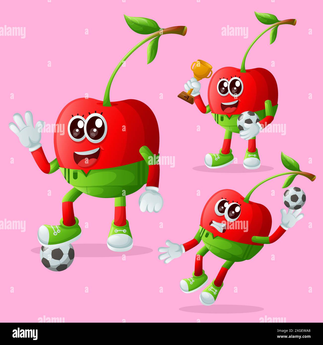 Set of cute cherry characters playing soccer. Perfect for kids ...