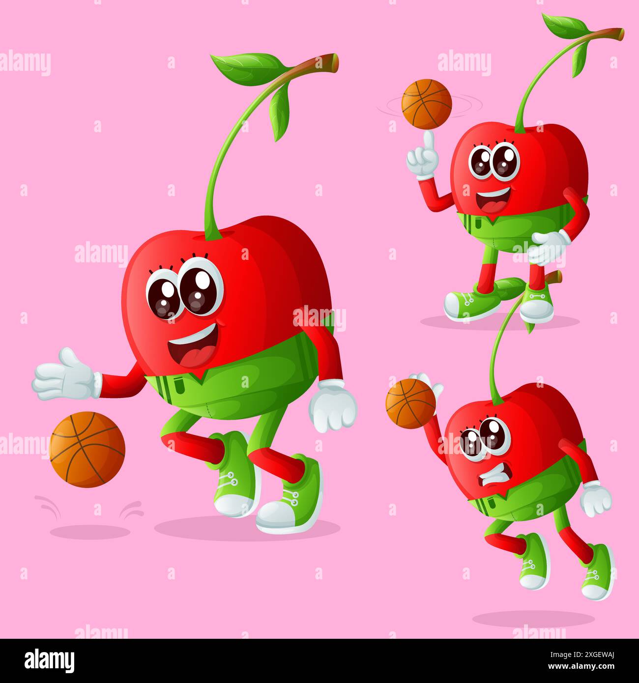 Set of cute cherry characters playing basketball. Perfect for kids ...