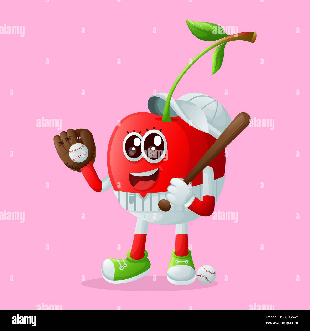Cute cherry character playing baseball. Perfect for kids, merchandise ...