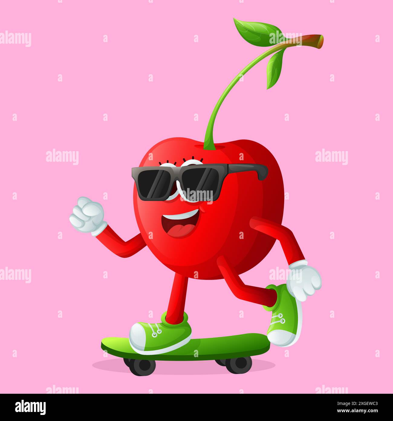 Cute cherry character skateboarding. Perfect for kids, merchandise and ...