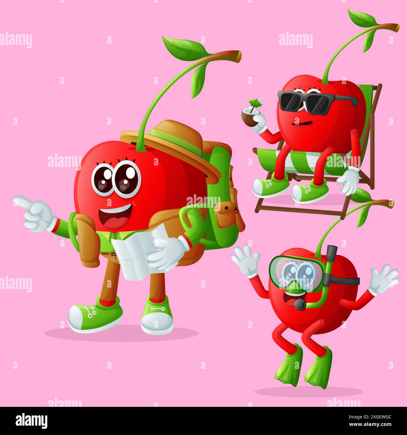 Set of cute cherry characters on vacation. Perfect for kids ...