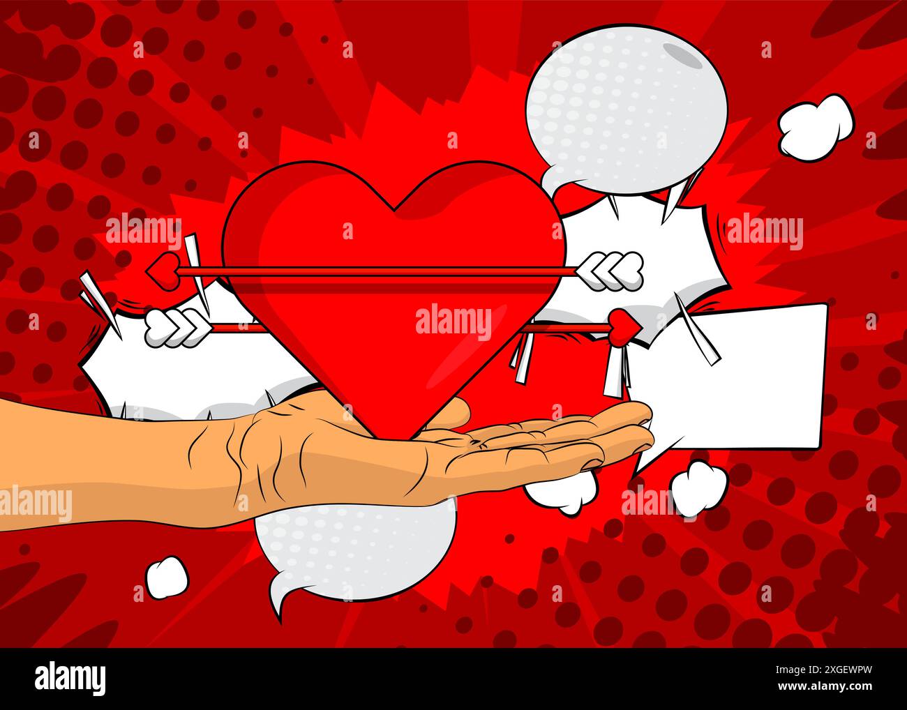 Cartoon, comic book human hands holding Heart with Arrow. Retro vector ...