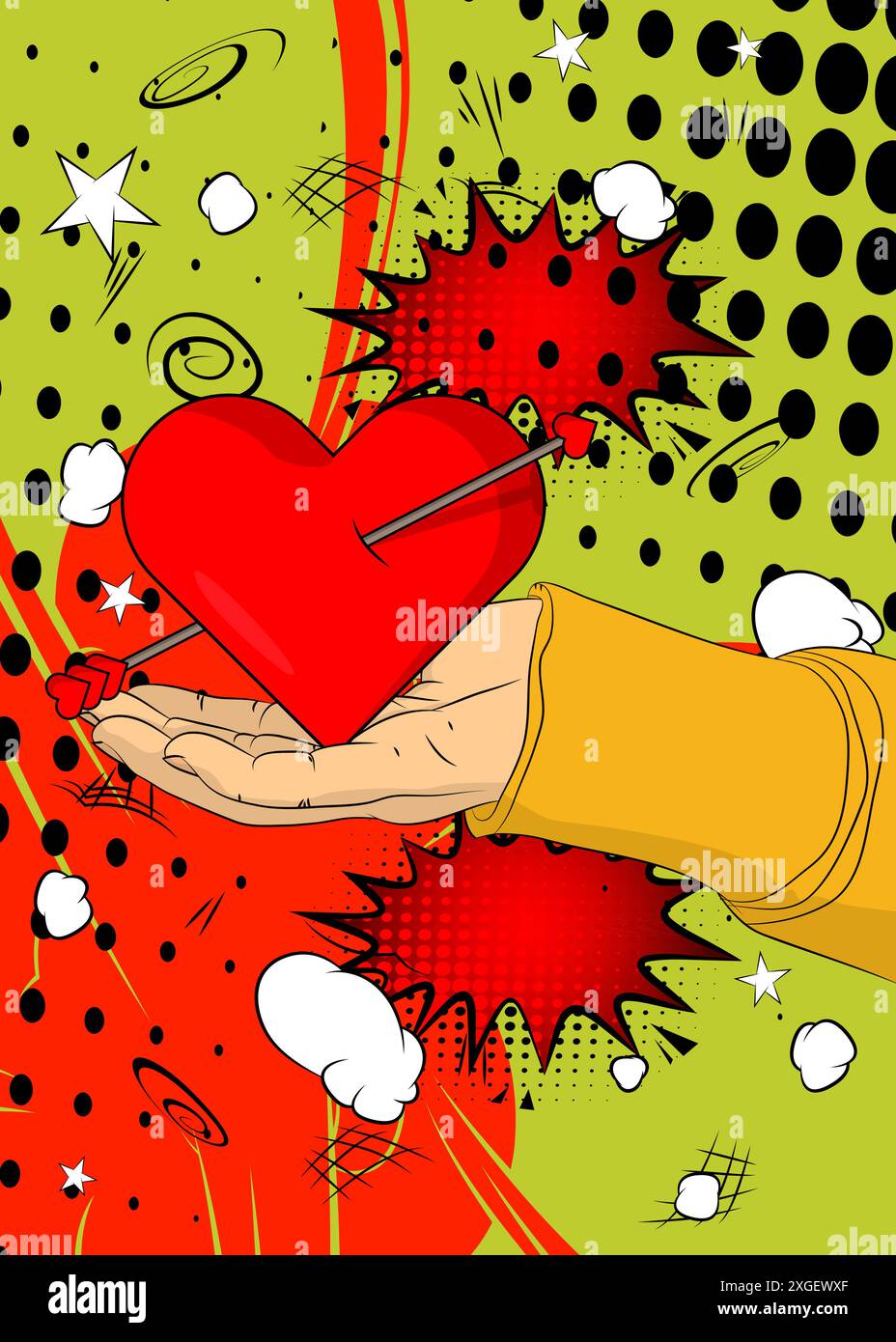 Cartoon, comic book human hands holding Heart with Arrow. Retro vector ...
