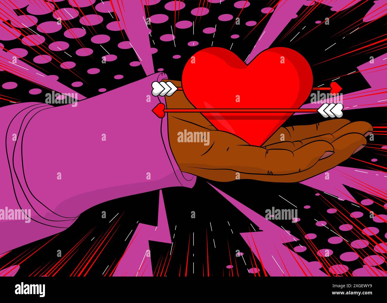 Cartoon, comic book human hands holding Heart with Arrow. Retro vector ...