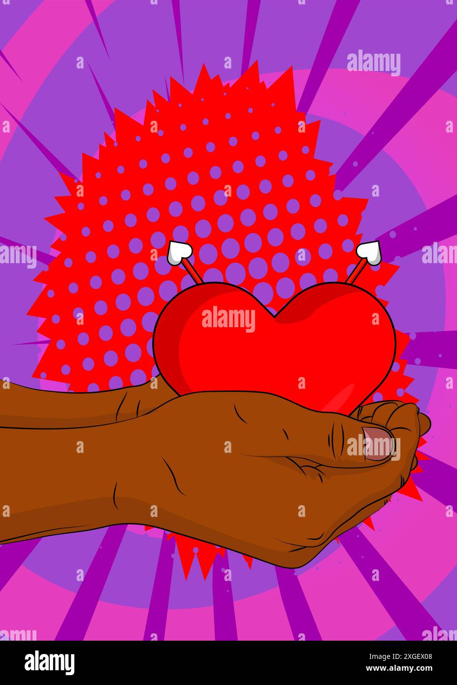 Cartoon, comic book human hands holding Heart with Arrow. Retro vector ...