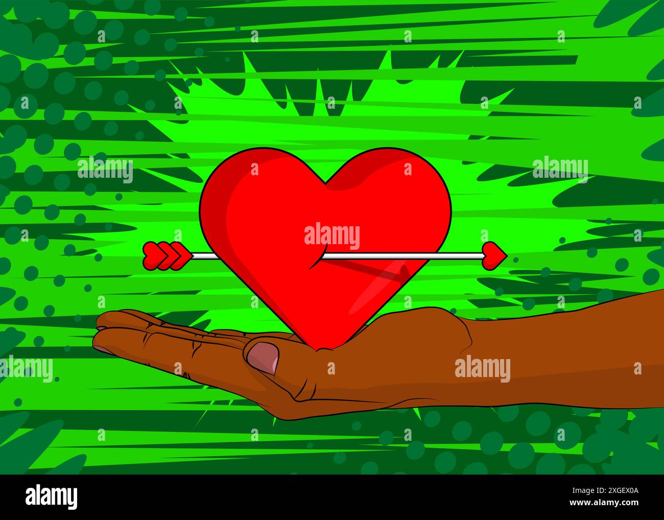 Cartoon, comic book human hands holding Heart with Arrow. Retro vector ...
