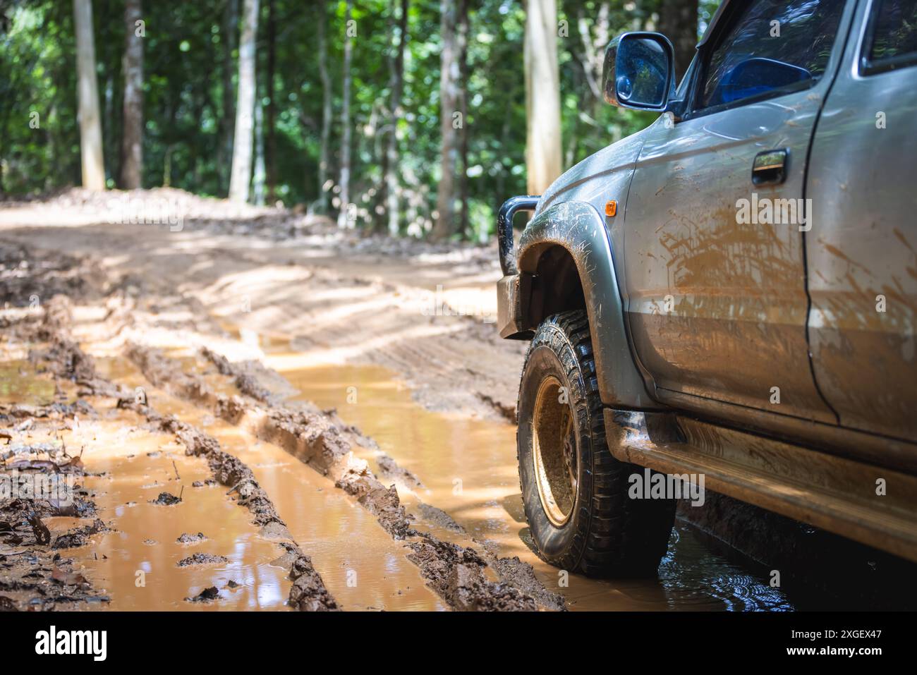 Cars running on off-road roads and splashing mud on natural paths. Off ...