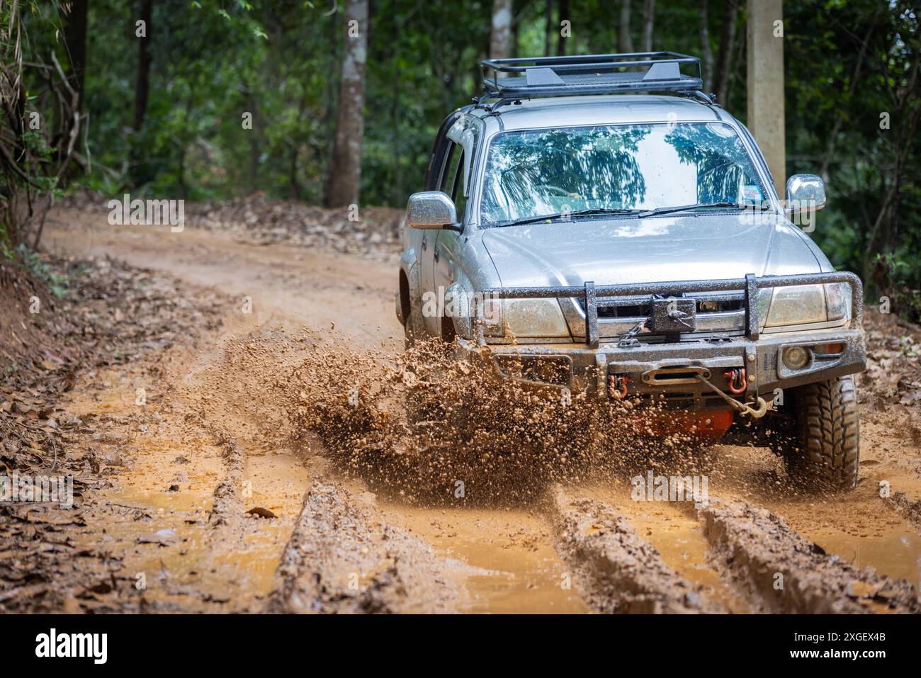 Cars running on off-road roads and splashing mud on natural paths. Off ...