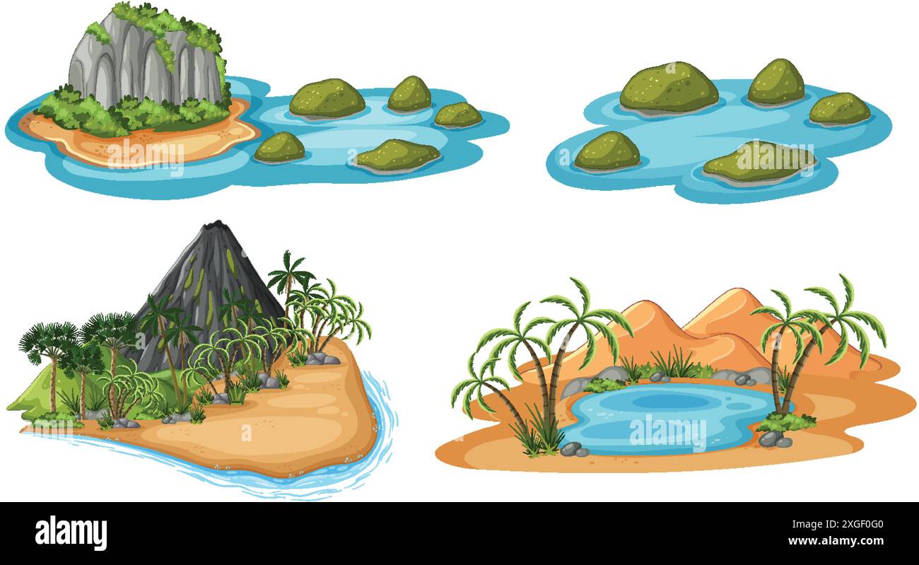Four diverse tropical island and oasis scenes Stock Vector Image & Art ...