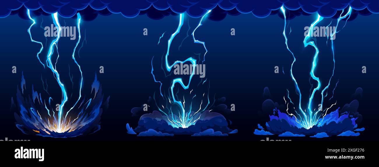 Cartoon blue lightning, thunder strike. Cartoon vector dynamic dark ...