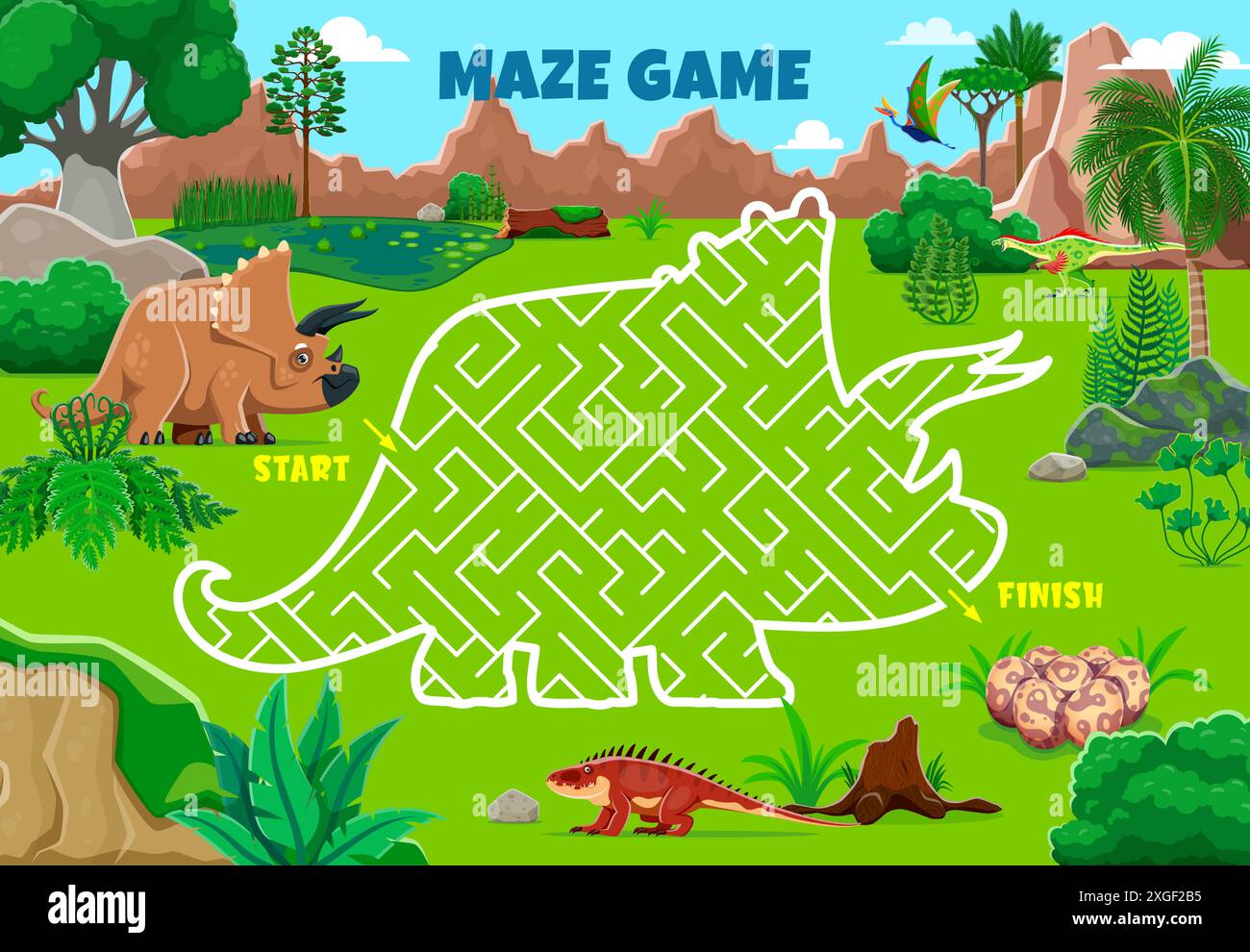 Labyrinth maze game. Help to mother dinosaur find her eggs. Vector fun ...