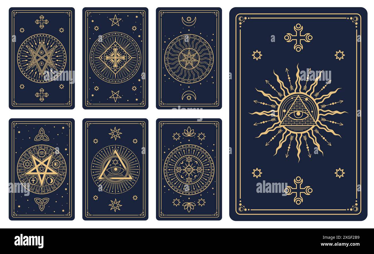 Magic tarot cards with astrological, mystical symbols, esoteric occult ...