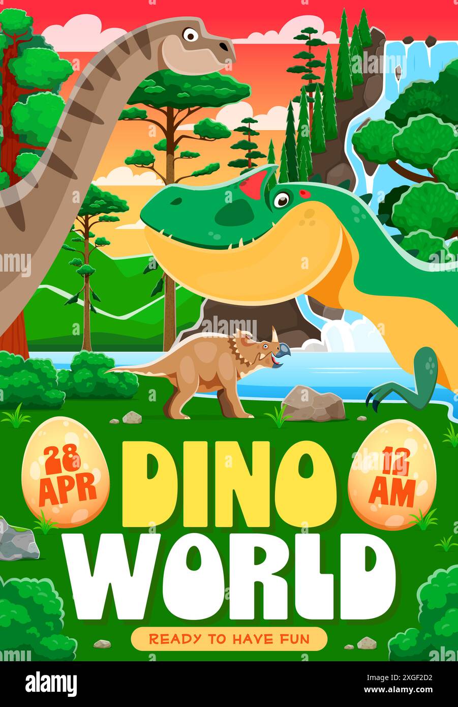 Dino park flyer with funny prehistoric dinosaurs. Vector colorful invitation poster template for ...