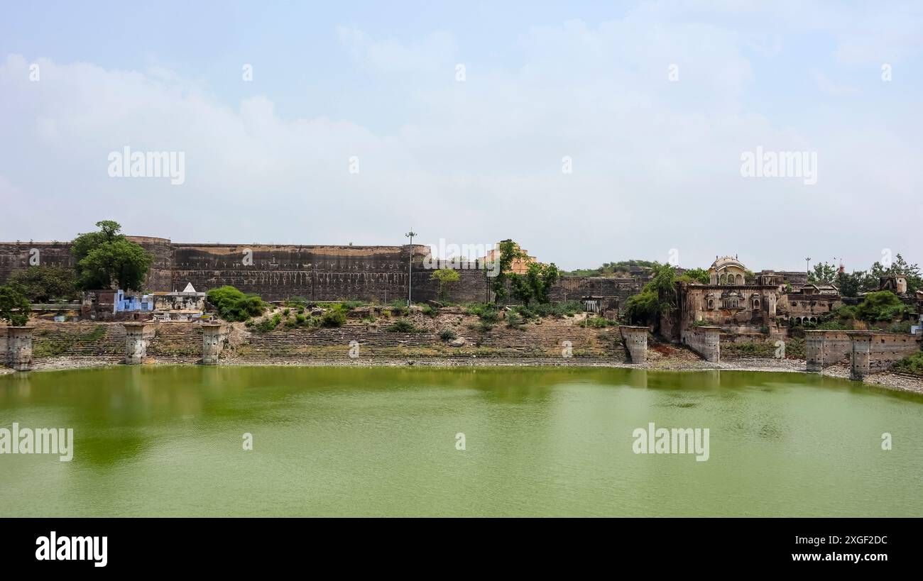 View of Roop Sagar Lake and the ruined fortress of Deeg Fort, Deeg ...