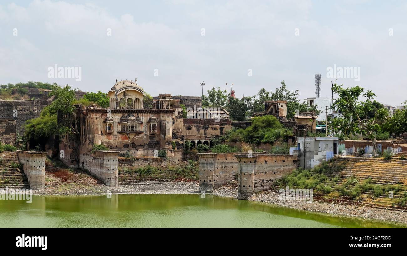 View of Roop Sagar Lake and the ruined fortress of Deeg Fort, Deeg ...