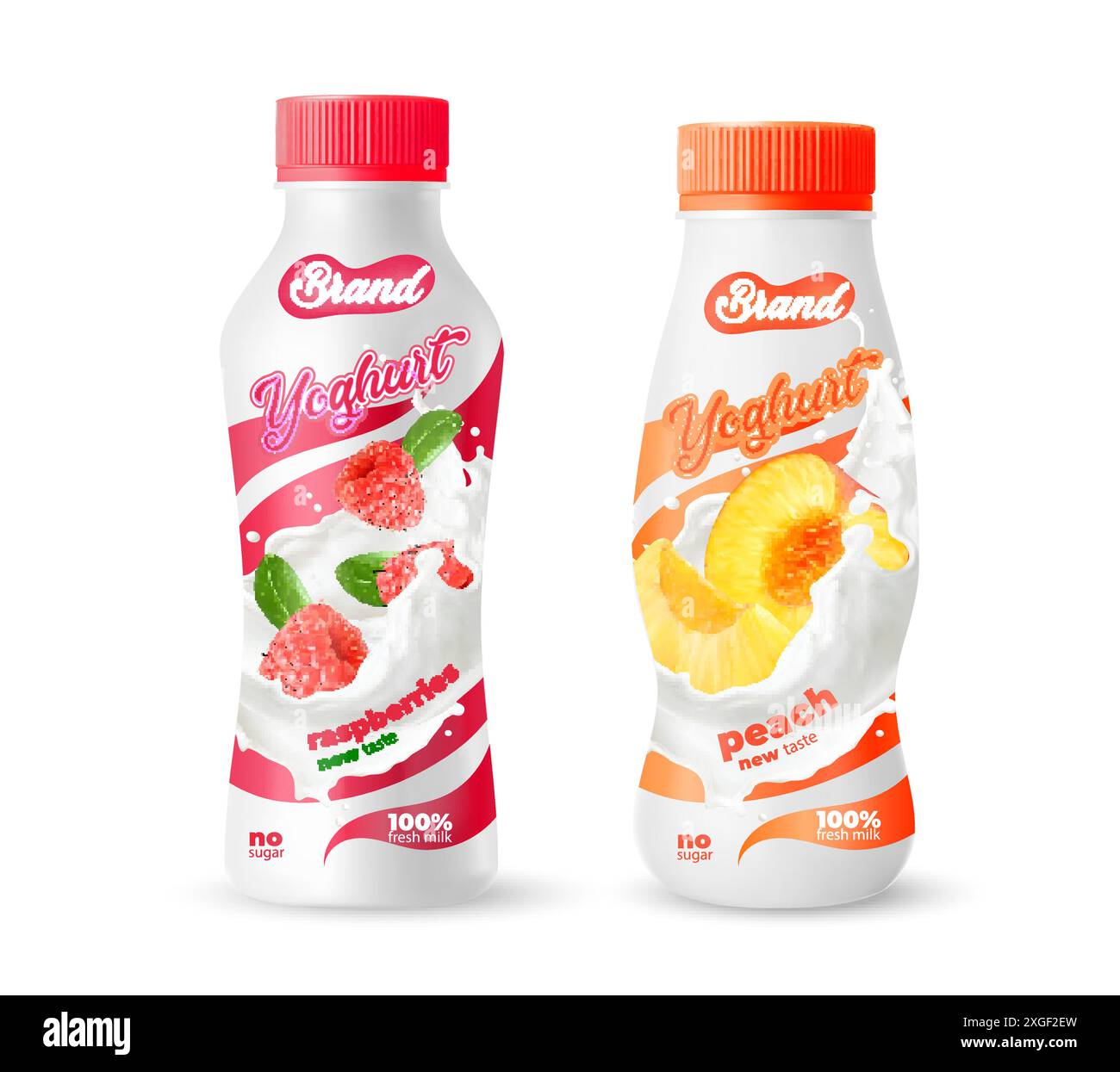 Realistic yoghurt bottle package. Raspberry and peach fruit dairy ...