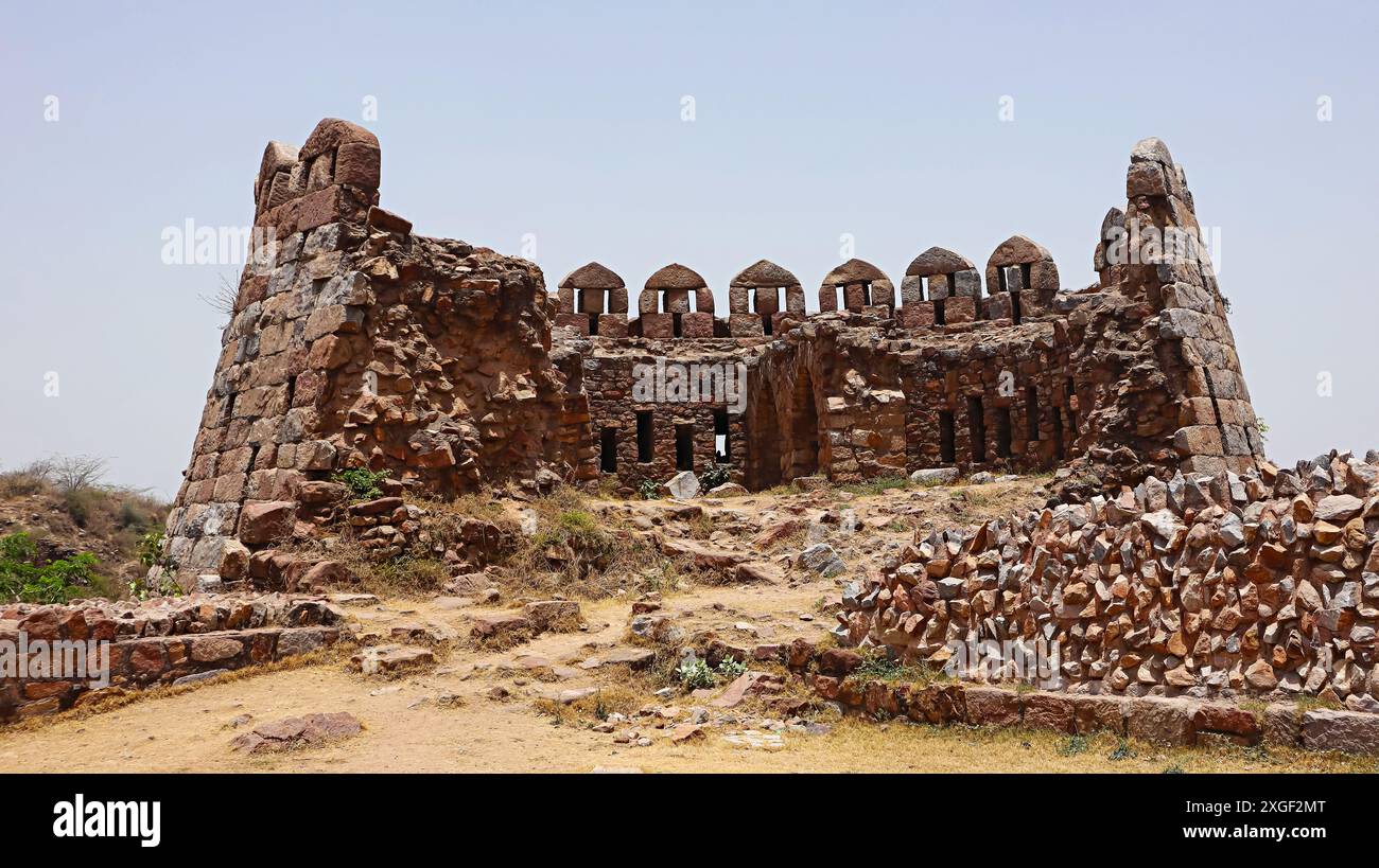 View of the ruined watchtower of Tughlaqabad Fort, built by Ghiyasuddin ...