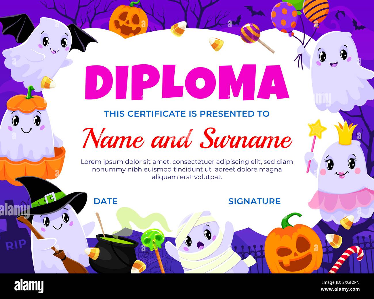 Halloween kids diploma with cute kawaii ghosts and holiday candies ...