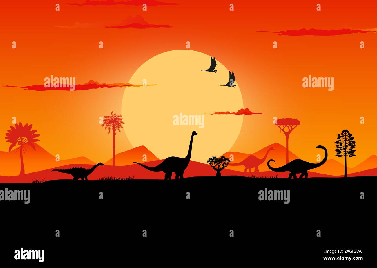 Dinosaurs sunset silhouettes on prehistoric landscape with trees and ...