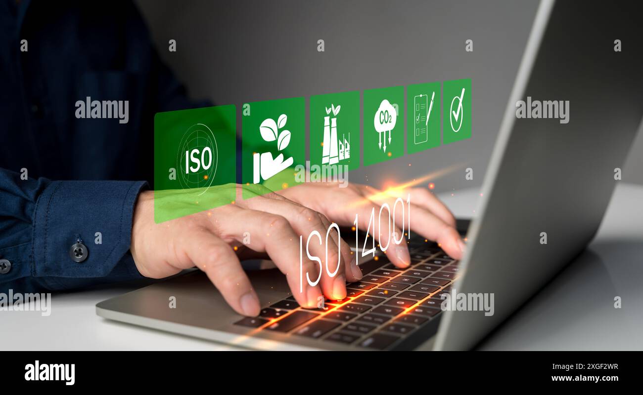 ISO 14001 concept. Businessman use laptop with ISO 14001 certified for ... ISO 14001 concept. Businessman use laptop with ISO 14001 certified for ...