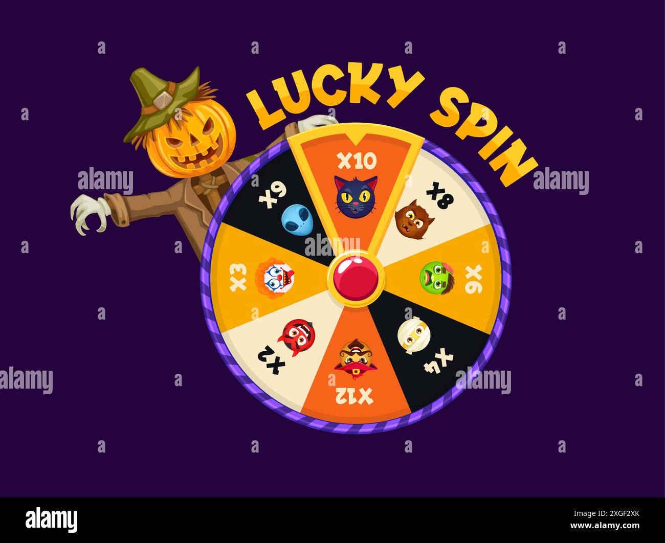 Halloween roulette spin, fortune wheel and scarecrow cartoon character ...