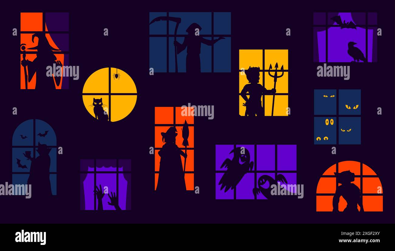 Halloween scary silhouettes in windows. Creepy and spooky vector ...