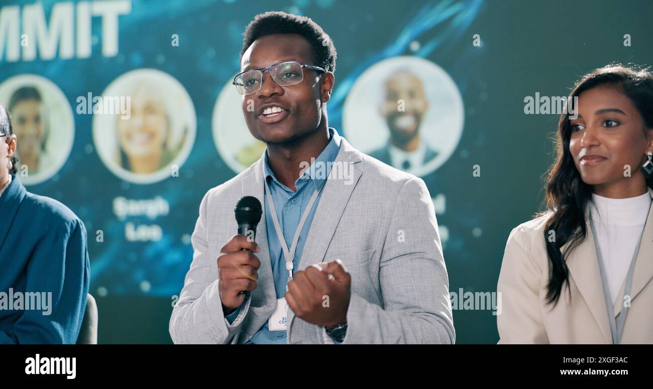 Presentation, black man or talking at conference for information ...