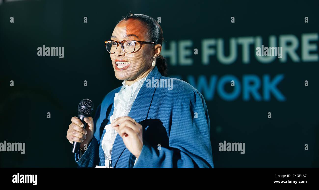 Black woman, mic and speech at conference for public speaking ...