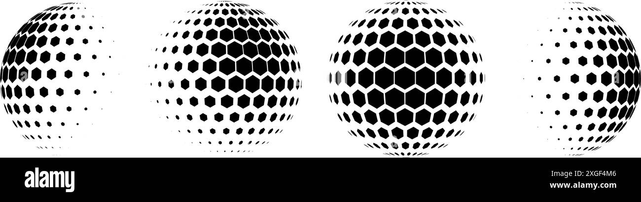 Black halftone pattern sphere collection. Hexagon wireframe 3d circle ...